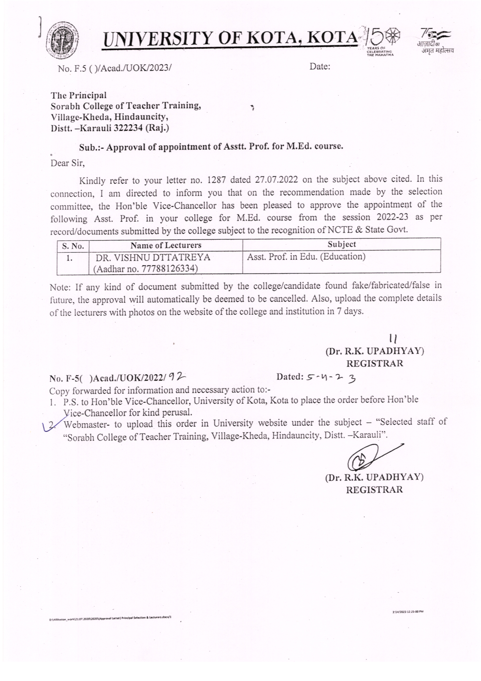 Selected staff of Sorabh College od Teacher Traning, Village Kheda ...