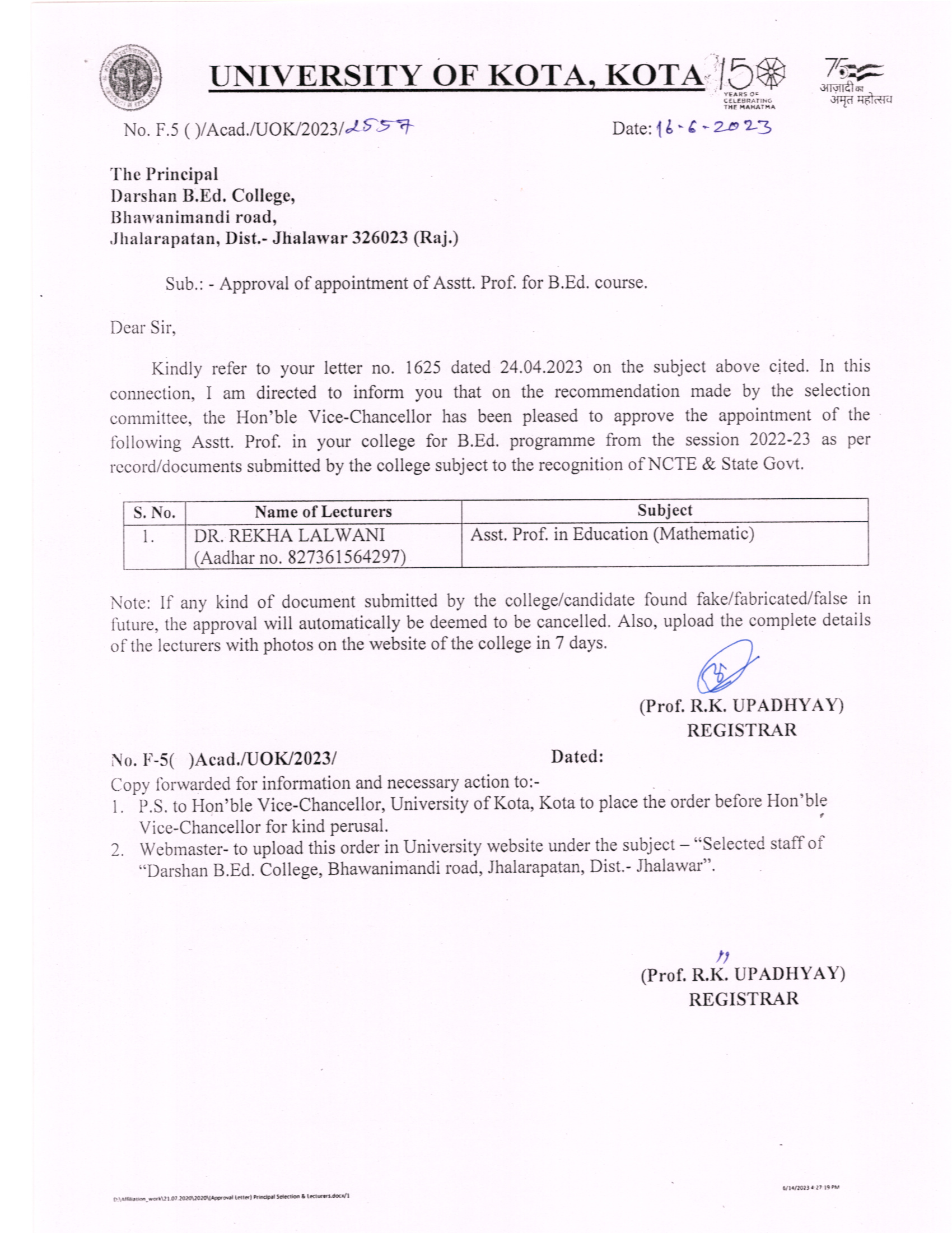 General-Notifications:: University of Kota, Kota