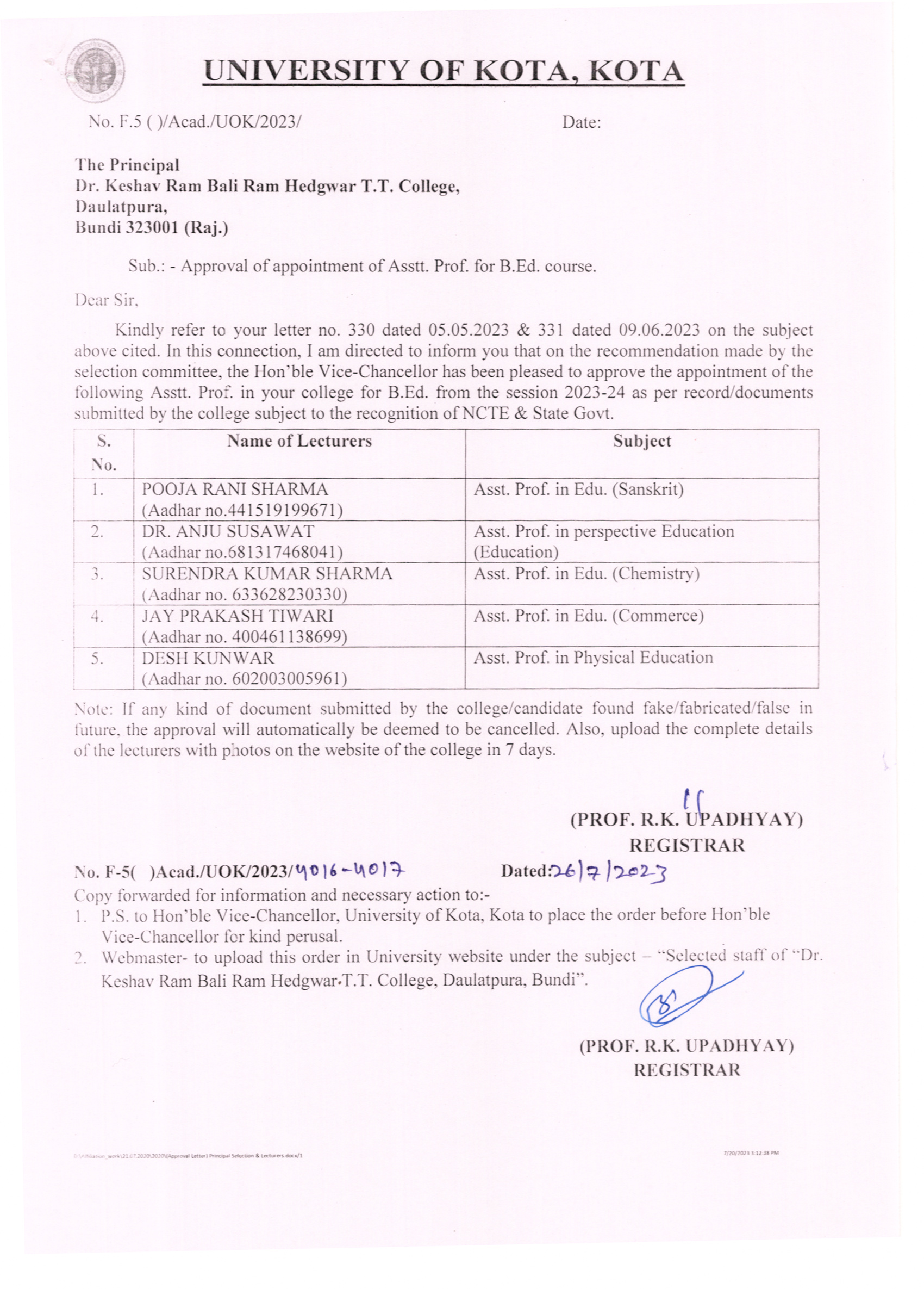 General-Notifications:: University of Kota, Kota