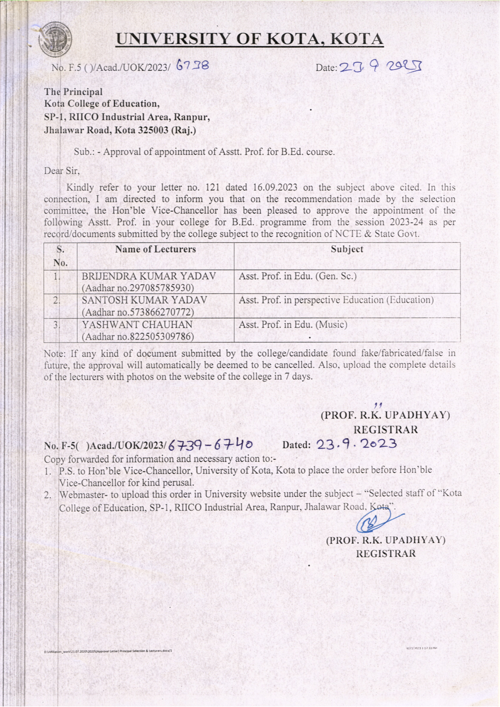 Selected staff of Kota College of Education SP-1, RIICO Industrial Area ...